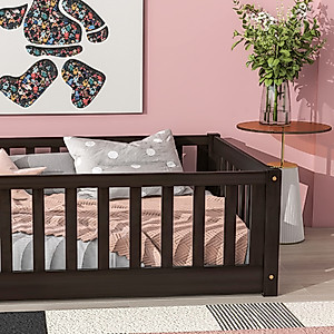 HomSof Twin Floor Platform Bed with Fence Without Door, Espresso
