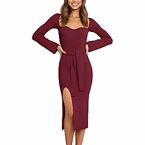 LILLUSORY Wedding Guest Dress Winter Womens Spring Long Sleeve Plus Size Christmas Casual Sweater Outfits Cold Shoulder Sexy Wine Red