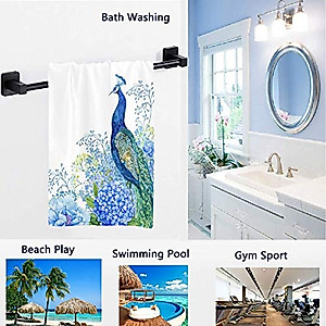 Naanle Beautiful Peacock Flowers Print Soft Bath Towel Large Hand Towels Multipurpose for Bathroom, Hotel, Gym and Spa (16" x 30",White Blue)