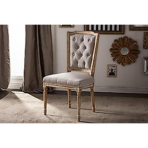 Baxton Studio Estelle Shabby Chic Rustic French Country Cottage Weathered Oak Linen Button Tufted Upholstered Dining Chair, Medium, Beige