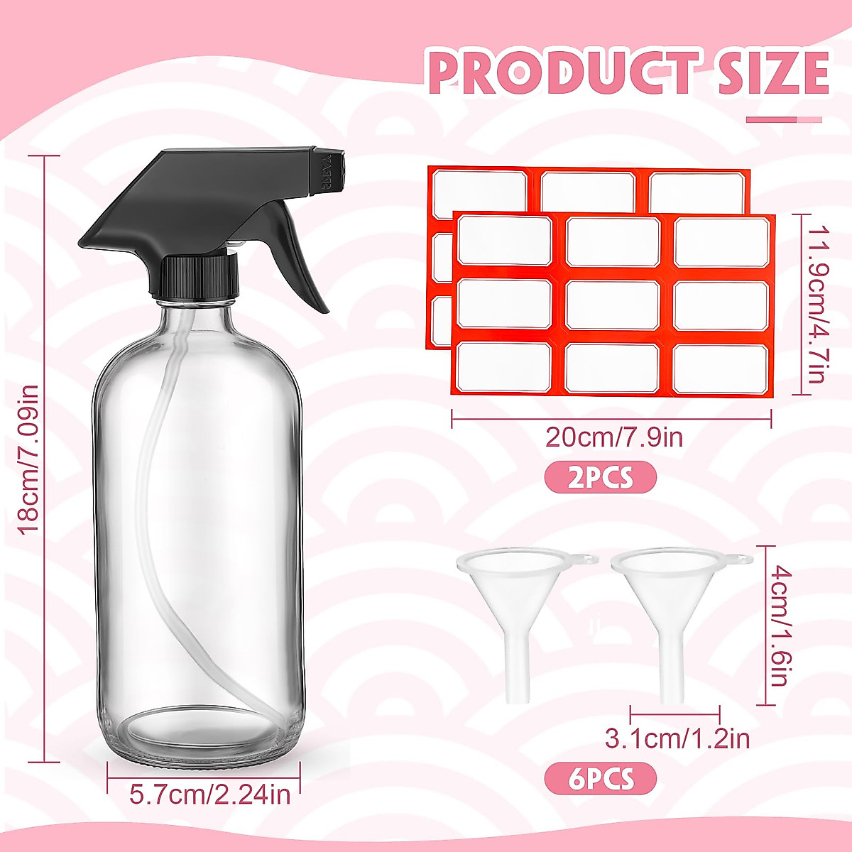 Norme 12 Pcs 8 oz Glass Spray Bottles with Funnels and Labels Refillable Cosmetic Empty Spray Bottles with Sprayer Containers for Essential Oil Cleaning Solutions(Clear,Classic)