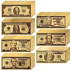 LONG7INES USA President 1/2/5/10/20/50/100 Dollar Bill Banknote, 24k Gold Coated Legacy Limited Edition Chief Executive Banknote Bill Great Gift for Coin Currency Collectors and Republican (70 Pack)