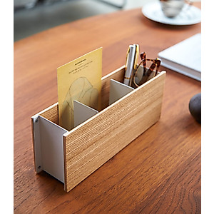YAMAZAKI Caddy Home Desk Tv Pen Holder | Steel + Wood | Remote Control & Tablet Organizer, Small, Ash