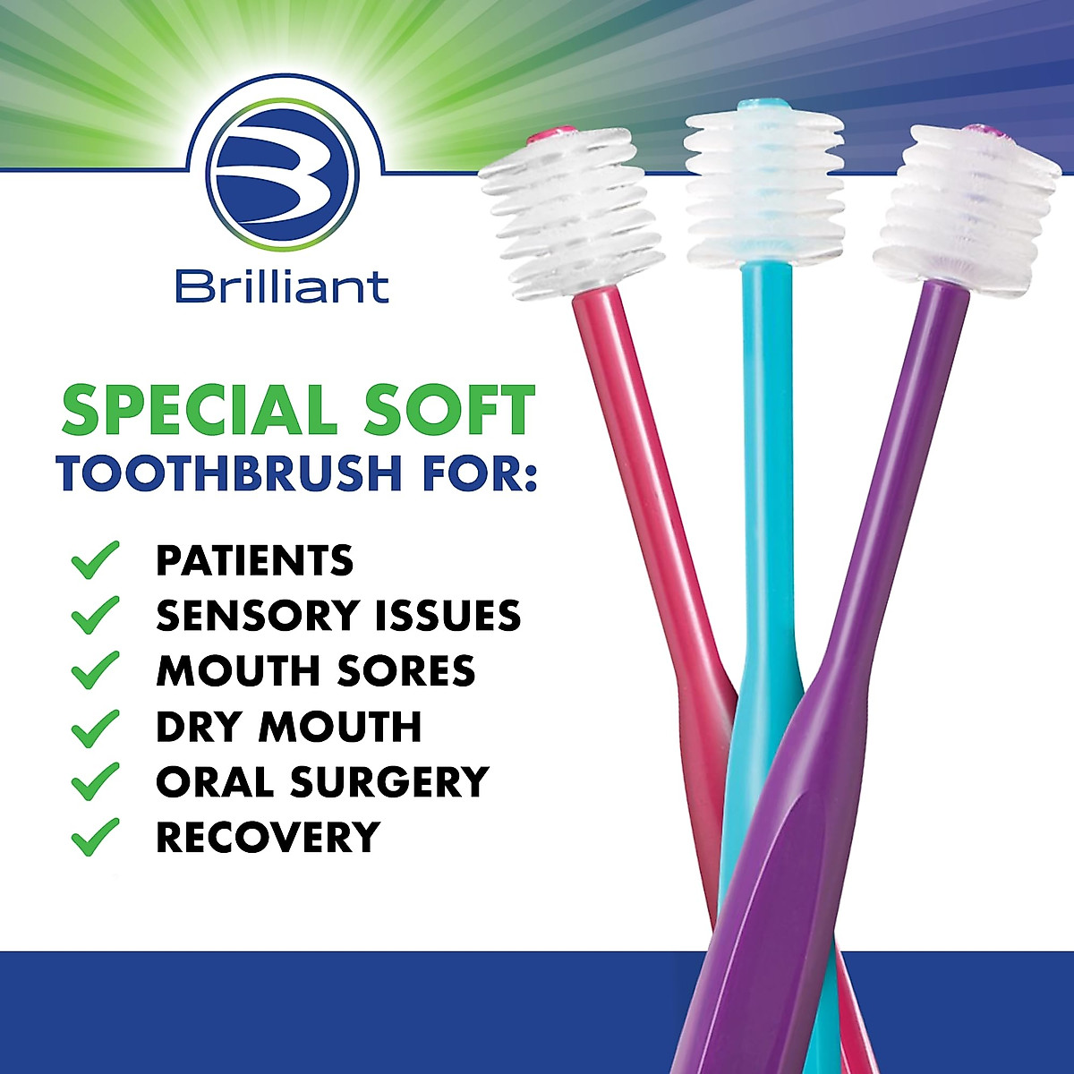 Brilliant Specialty Adult Round Toothbrush for Sensitive Mouths to Support Chemo and Other Sensory Oral Care Needs with Ultra Soft Bristles, Teal, 1 Pack
