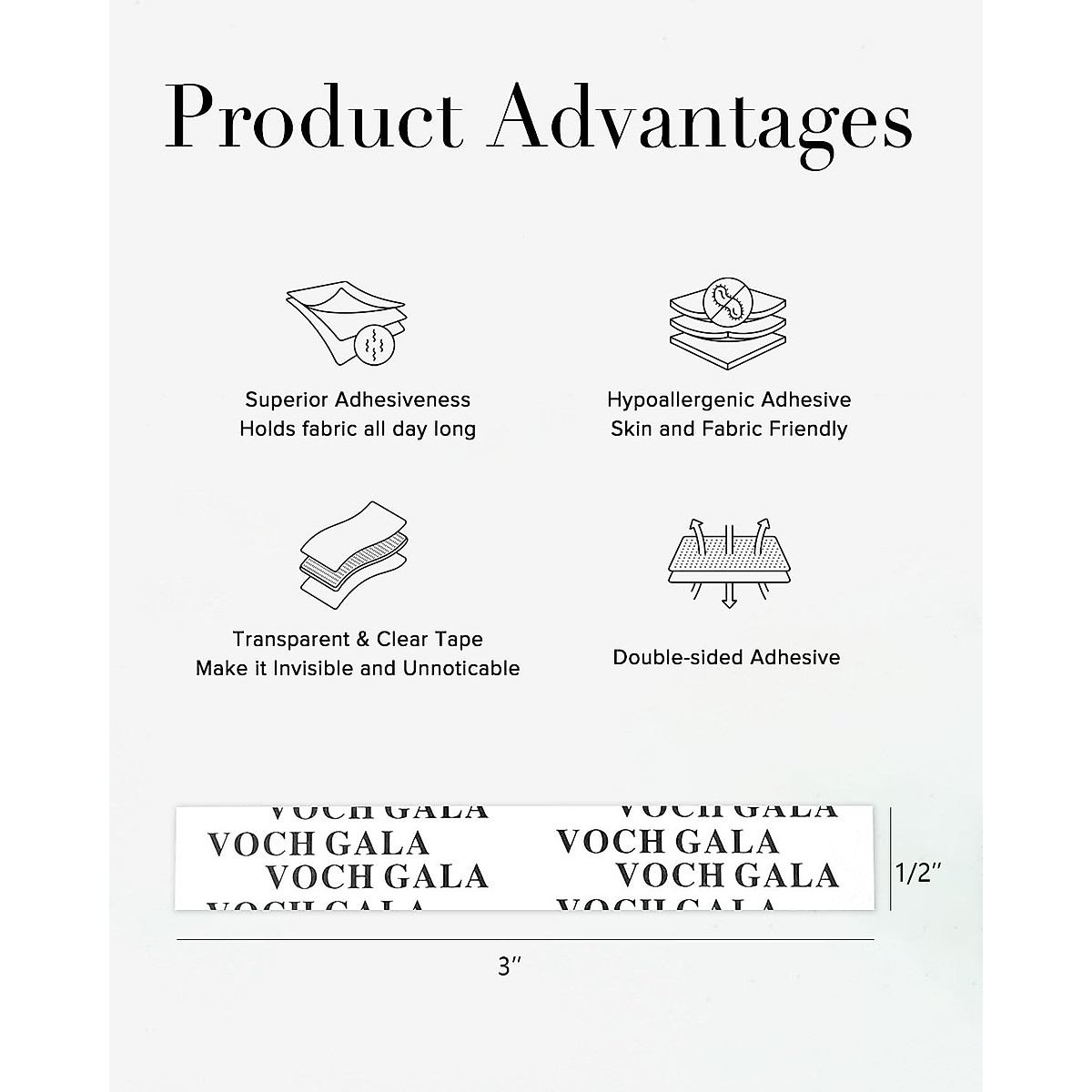 VOCH GALA 100 Strips Double Sided Tape for Fashion and Clothes, Waterproof Fashion Clothing Tape, Fabric Tape to Skin, Strong Adhesive Body Tape, Clear Transparent for All Skin Shades