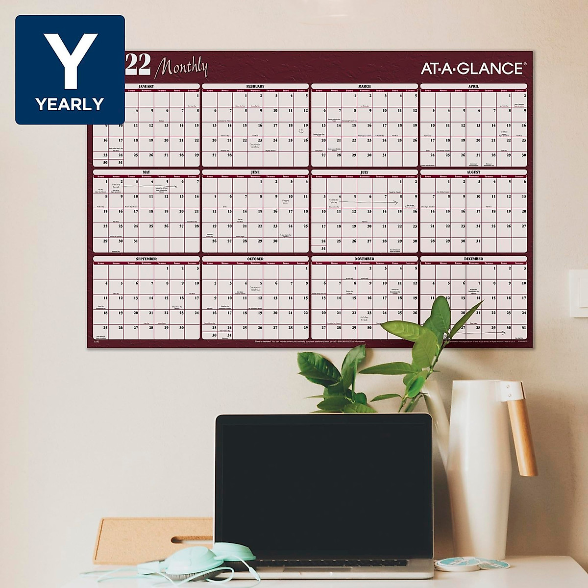 2022 Erasable Calendar, Dry Erase Wall Planner by AT-A-GLANCE, 48" x 32", Jumbo, Horizontal, Reversible, Red (A152)
