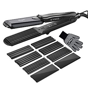 Hair Crimper, Crimping Irons Hair Straightener Flat Iron with 4 Interchangeable Tourmaline Ceramic Plate Adjustable Temperature for All Hair Type