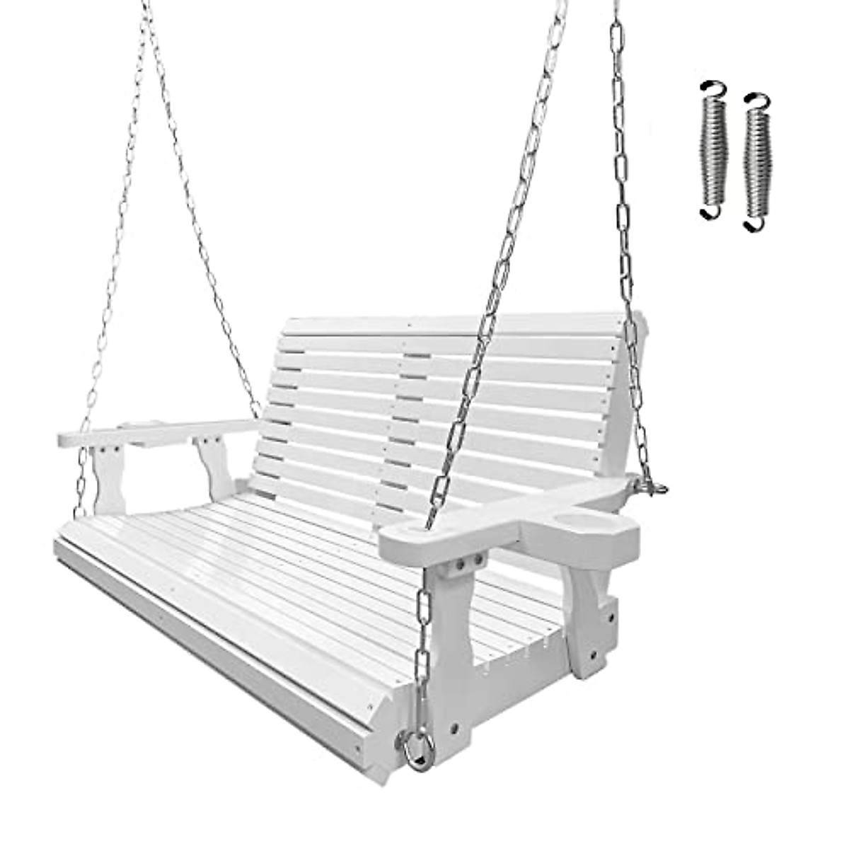 Wooden Porch Swing 2-Seater, Bench Swing with Cupholders, Hanging Chains and 7mm Springs, Heavy Duty 800 LBS, for Outdoor Patio Garden Yard, 4 FT, White