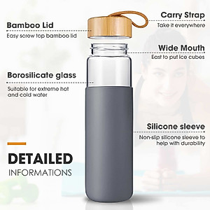 Yomious 25 Oz Glass Water Bottle with Bamboo Lid - Borosilicate Glass Water Bottles with Sleeve, Wide Mouth and Dishwasher Safe Water Bottle Glass - Bonus 1x Brush