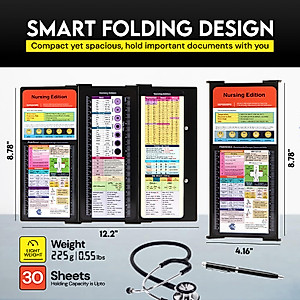 Nursing Clipboard with Nursing and Medical Edition Cheat Sheets 3 Layers Aluminum Foldable Nurse Clip Boards Notepad for Students, Nurses and Doctors (Black)