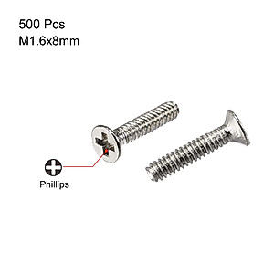 uxcell M1.6 x 8mm Phillips Screw Fastener Silver Tone for Laptop PC TV Fan Switch 500pcs