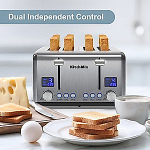 Toaster 4 Slice, KitchMix Bagel Stainless Toaster with LCD Timer, Extra Wide Slots, Dual Screen, Removal Crumb Tray (Stinless steel)