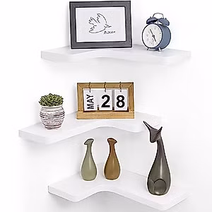 fuqing Corner Floating Shelves, Wall Shelf Set of 3, Shelves for Wall Storage, Solid Wood Shelves for Storage, Wall Mount Wooden Display Shelf for Bathroom Bedroom Kitchen Garage, White