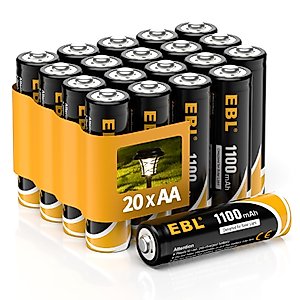 EBL 1100mAh Solar AA Batteries for Outdoor Solar Lights Garden Lights Household Devices, Pre Charged AA Rechargeable Batteries 1.2V High Performance Solar Battery (Pack of 20)
