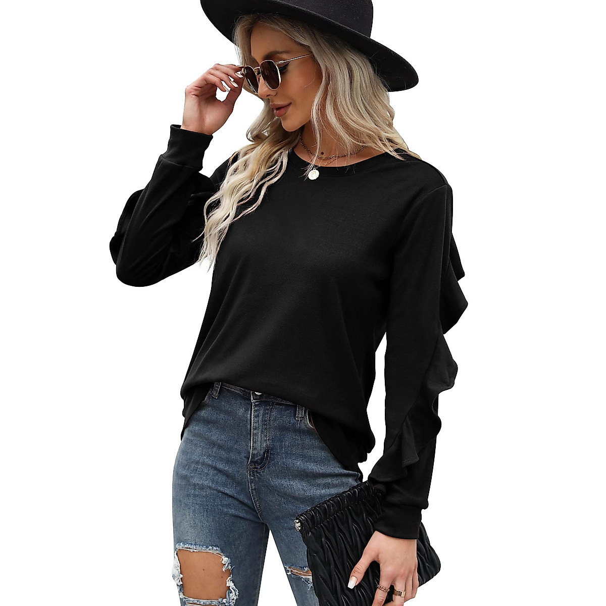 Saloogoe Womens Sweatshirt Ruffle Long Sleeve Tops Fall Clothes Black M