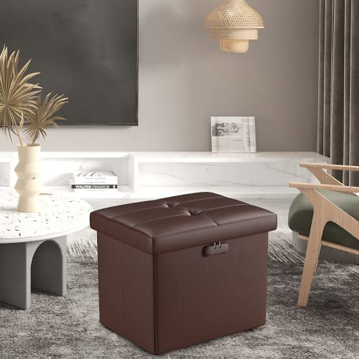 Tamfile Storage Ottoman with Lock, Fireproof Safe Folding for Documents, Waterproof Foot Rest Stool, Stable Short Living Room, Brown, 17 * 13 * 13inch