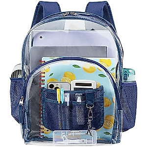 F-color Clear Backpack Heavy Duty - Large Clear Backpacks for School PVC Transparent Bookbag for Students Work Travel, Navy Blue