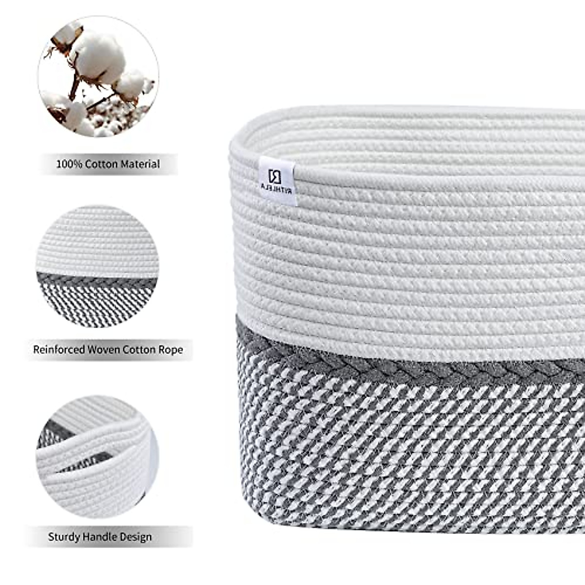 RITHLELA Woven Baskets 15"x10"x9" Cotton Rope Cube Storage Baskets Set of 3 Decorative Baskets Closet Cloth Storage Baskets and Bins for Shelves with Handles for Blanket, Laundry, Clothes - Grey