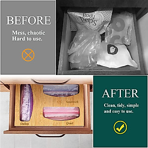 Housedeco Ziplock Bag Storage Organizer,Bamboo Kitchen Drawer Organizer Dispenser with lids,Suitable for Gallon,Quart,Sandwich & Snack Variety Size Ziplock Bag