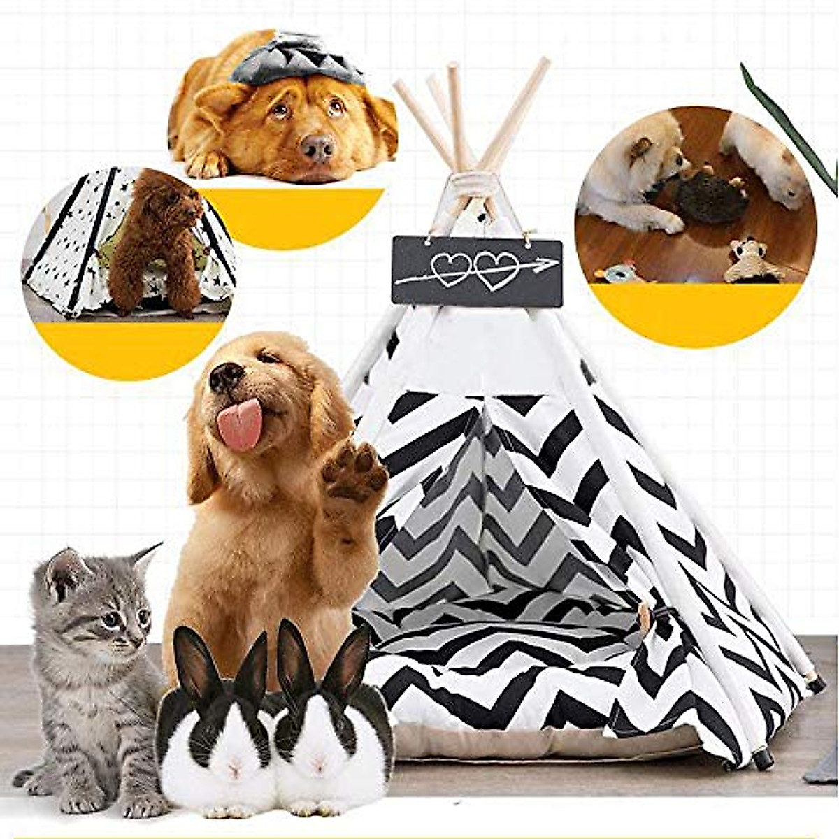 Pet Teepee Tent for Dogs Puppy Cat Bed White Canvas Dog Cute House Pet Teepee with Cushion 24inch Indoor Outdoor (White&Black)