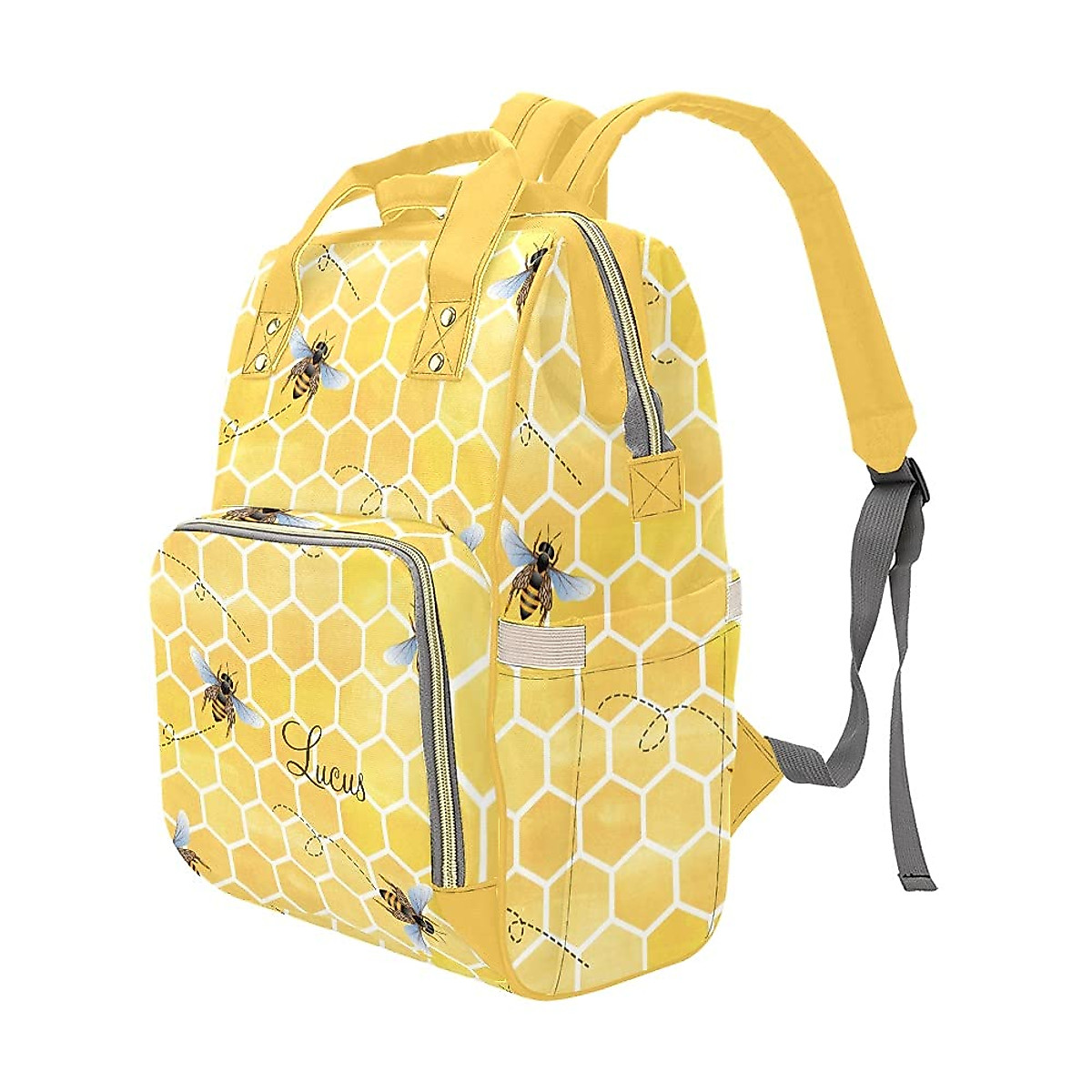 Yeshop Bee Honey Yellow Personalized Diaper Bag Backpack Tote with Name,Custom Travel Nappy Mommy Bag Backpack for Baby Girl Boy Gift, 10.83x6.69x15 inch