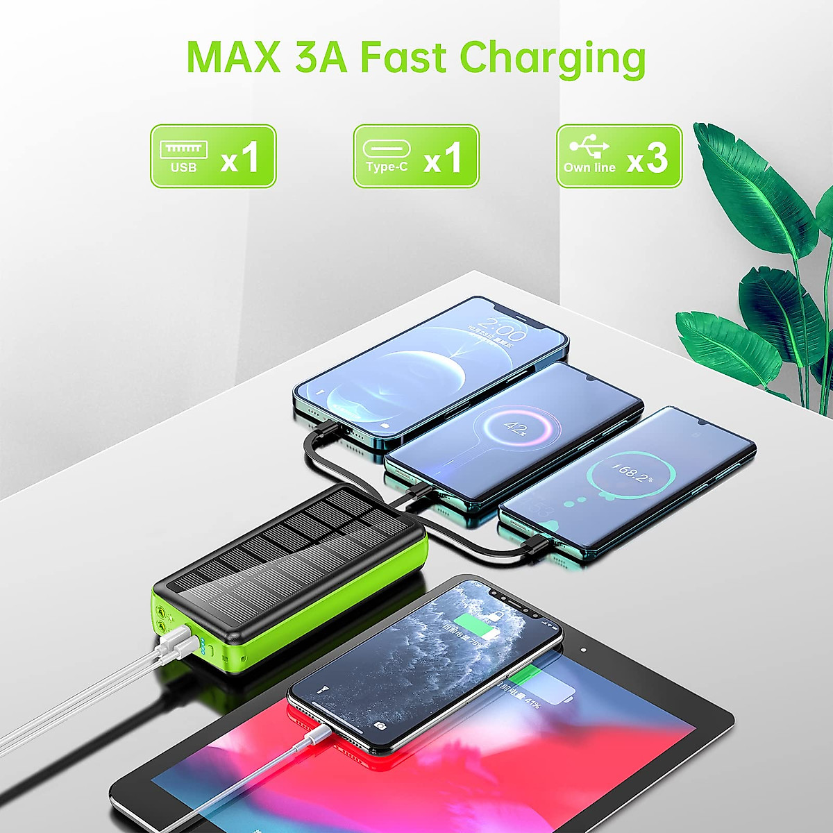 boogostore Portable Charger with Built in Cable and Wall Plug 30000mAh 22.5W Fast Charging Solar Power Bank with 5 Output & 2 Input Dual LED Flashlights Phone Holder External Battery Pack (Green)