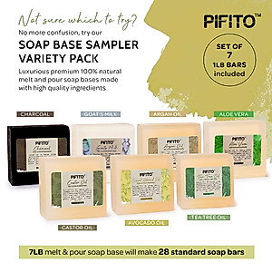 Pifito Melt and Pour Soap Base Sampler (7 lbs) │ Assortment of 7 Bases (1lb ea) │ Argan Oil, Avocado Oil, Castor Oil, Charcoal, Tea Tree Oil, Goats Milk, Aloe Vera │ Glycerin Soap Making Supplies