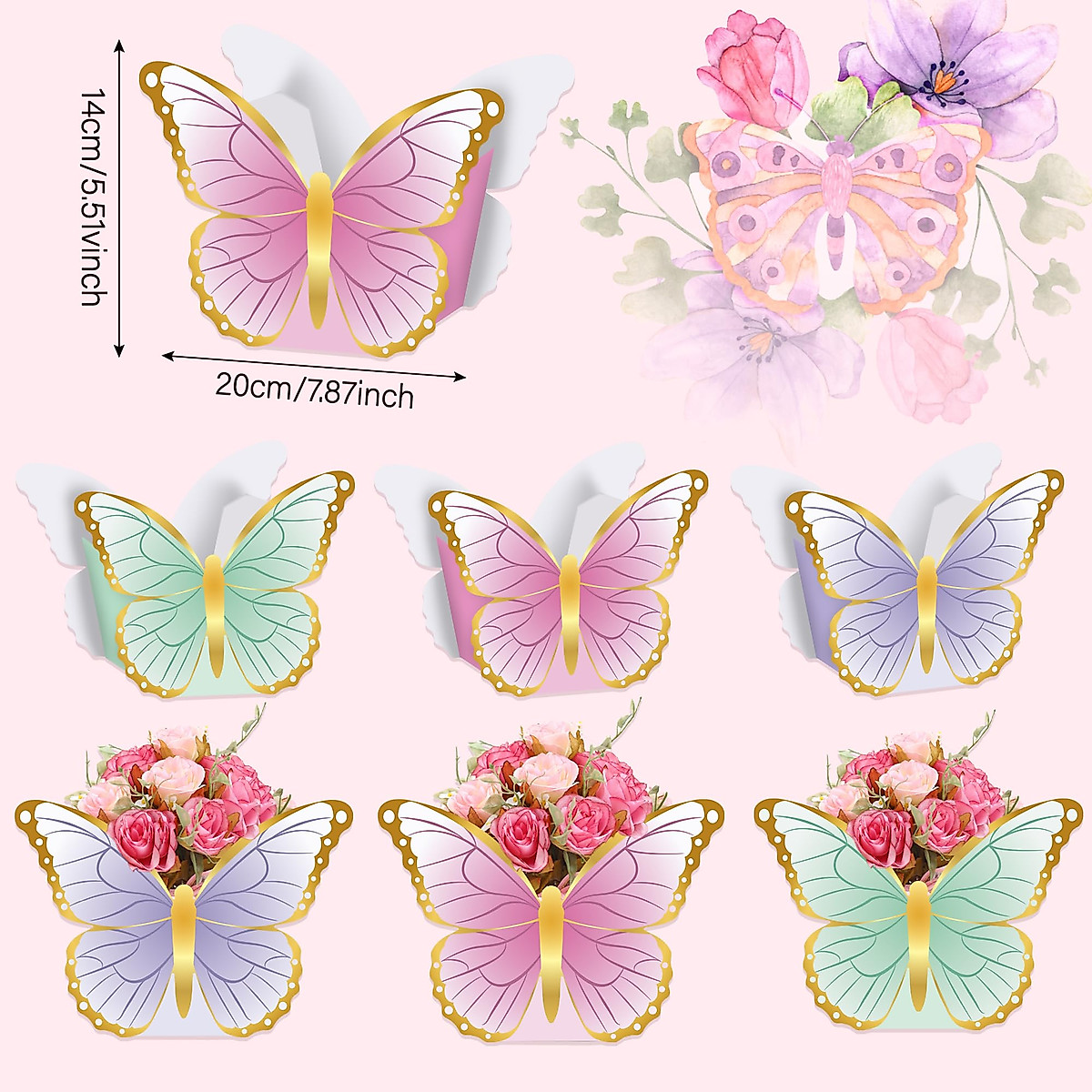 12 Pcs Butterfly Tea Party Decorations Princess Party Flower Boxes, Butterfly Paper Vase 3D Table Centerpiece Floral Box for Floral Tea Themed Birthday Party Supplies Baby Shower Wedding Anniversaries