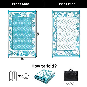 Ileading Outdoor Rug Carpet for Patio 4' x6' Waterproof Reversible Plastic Straw Rug Portable Outside Area Rug Camping Mat for Patio, Clearance, Balcony, Picnic, Pool, Beach, RV, Deck, Leaf Teal