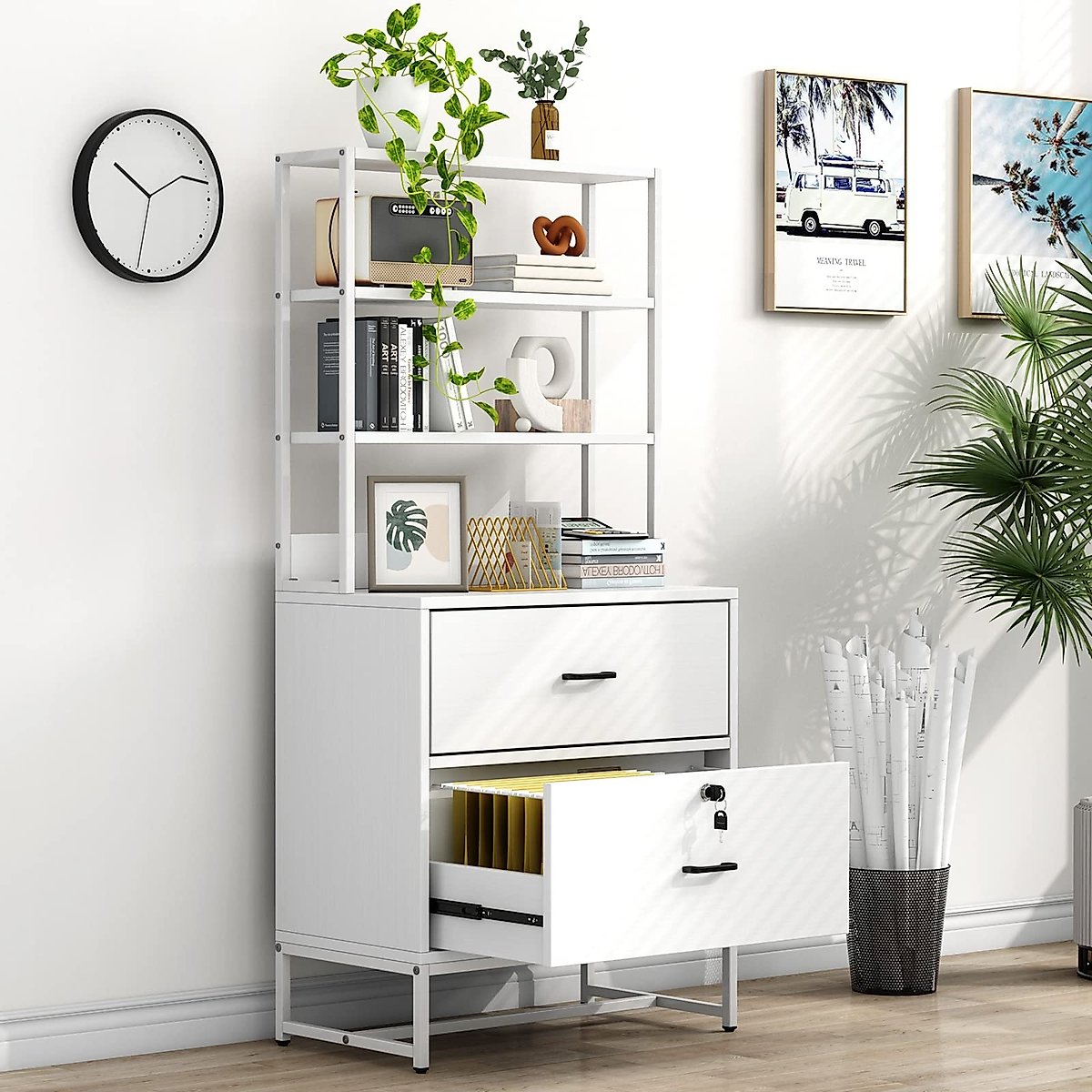 Jehiatek File Cabinets for Home Office with Lock 2 Drawer, Large Vertical Filing Cabinet with Bookshelf, Sturdy, Durable, Easy to Assemble and Clean (White), 25.59'D x 15.75'W x 62'H
