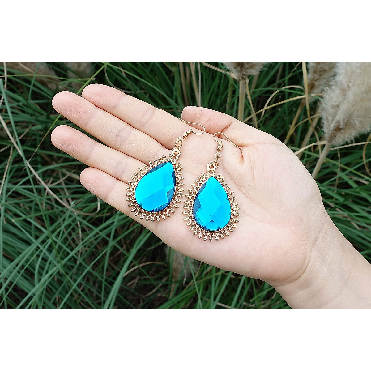 RareLove Gothic Halloween Costumes Princess Blue Rhinestone Teardrop Gold Plated Alloy Vintage Dangle Piercing Earrings For Women