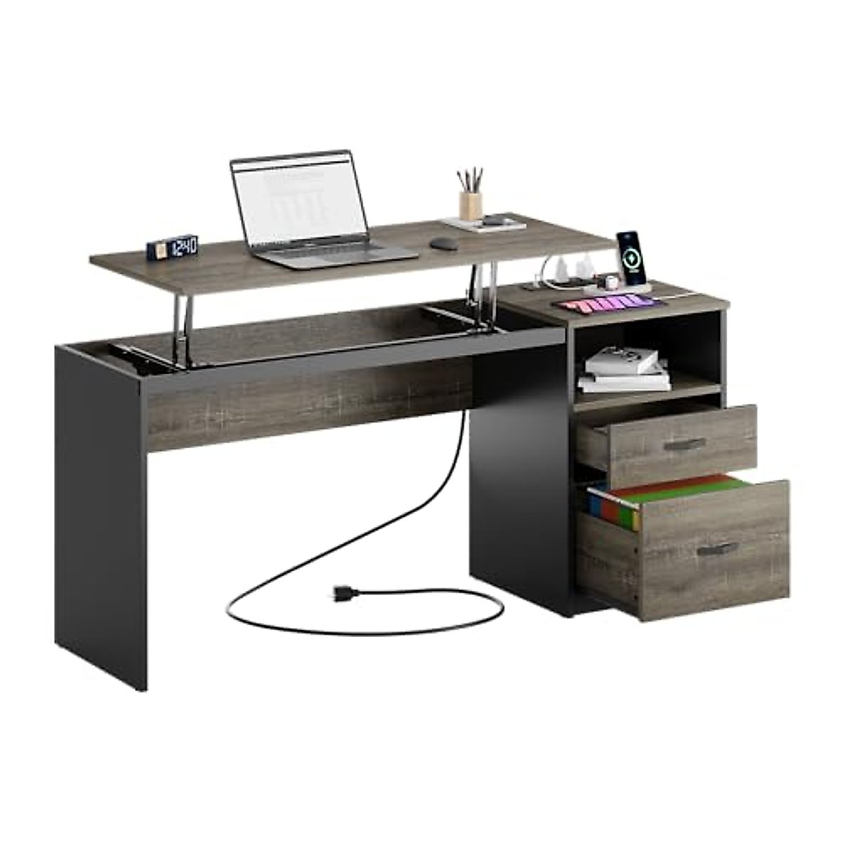 Bestier Lift Top Computer Desk with File Drawer, 60" Large Office Desk with Power Outlet USB Port Built in Writing Study Computer Table with Storage Workstation for Home Office Bedroom, Gray