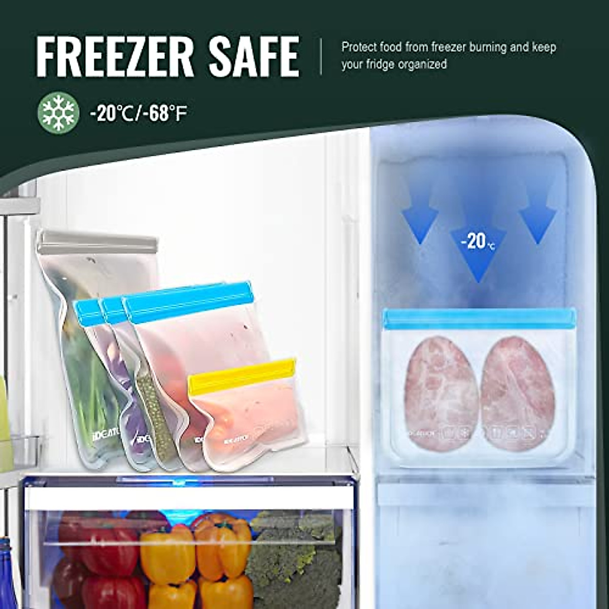 Dishwasher Safe Reusable Storage Bags, 10Pack Leakproof Reusable Freezer Bags, BPA Free PEVE Reusable Sandwich Bags, Silicone Food Storage Bags(10Pack-3 Gallon + 4 Sandwich + 3 Snack)