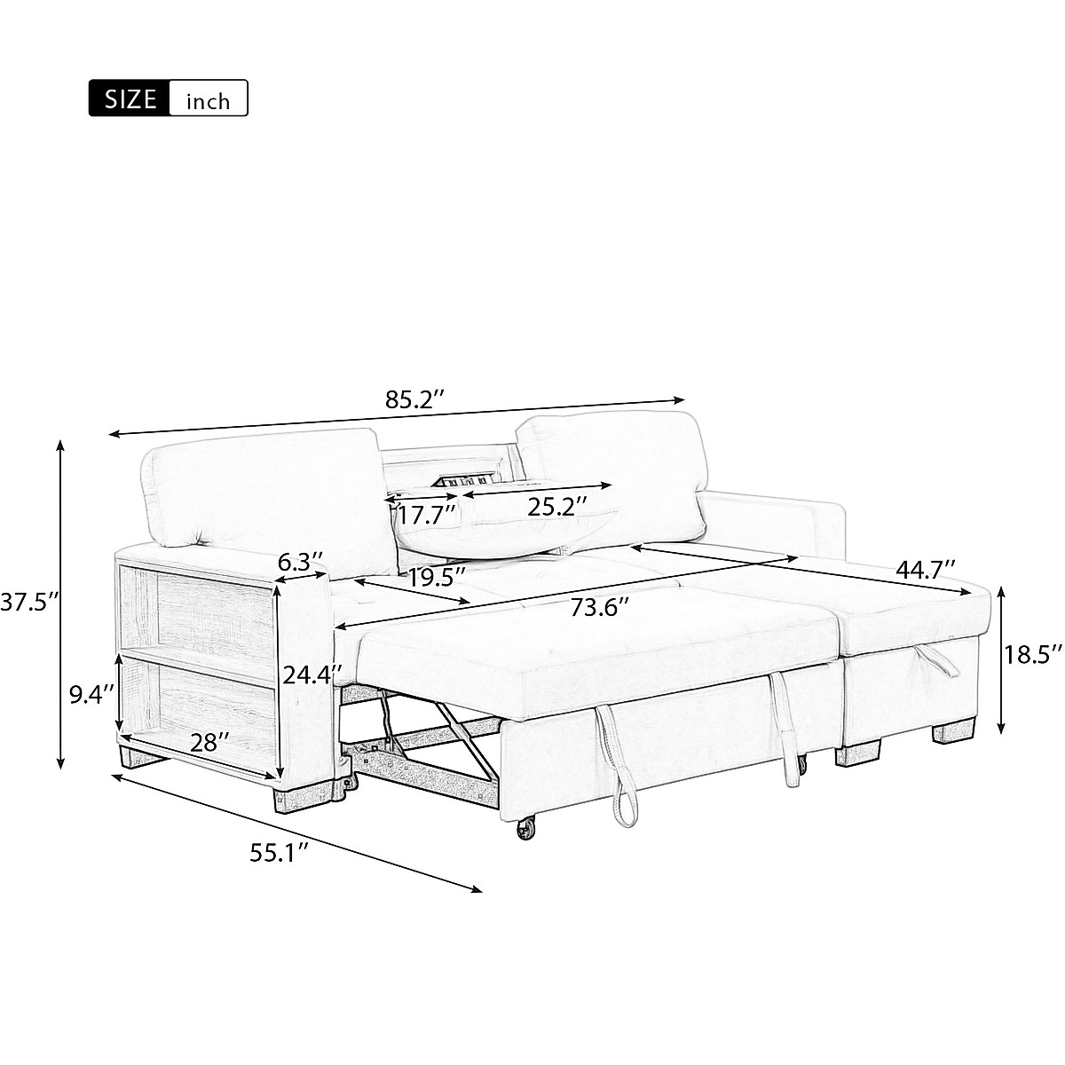 DREAMODERN 85.2-Inch L-Shaped Sectional Sofa Couch Pull-Out Sofa Bed, Modern Upholstered Corner Sofa with Storage Rack, Charging Ports and 2 Cup Holders for Living Room Apartment - Beige