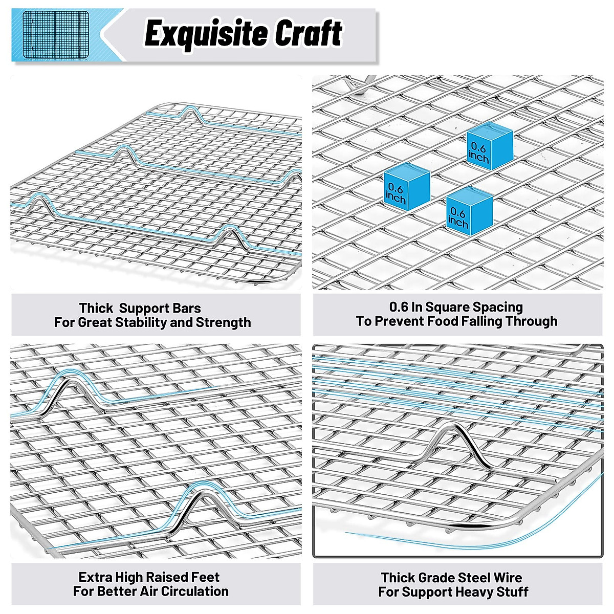 TeamFar Cooling Rack Set of 4, Stainless Steel Grid Cooking Roasting Racks for Various Size Baking Sheet Toaster Oven Pan, Healthy & Heavy Duty, Mirror Finish & Dishwasher Safe