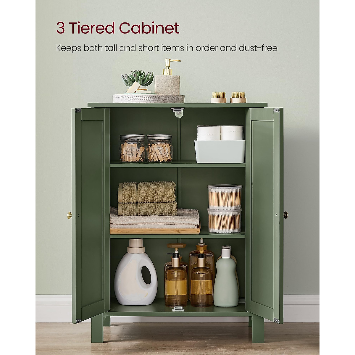 VASAGLE Bathroom Floor Storage Cabinet, Freestanding Bathroom Storage Unit with 2 Adjustable Shelves, 11.8 x 23.6 x 31.5 Inches, Forest Green UBCB060C01