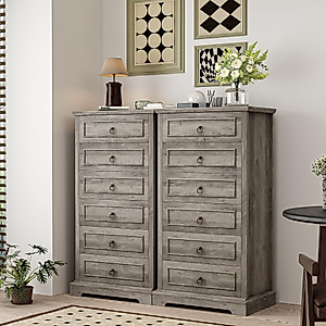 HOSTACK 6 Drawers Dresser, 52" Tall Dresser, Vertical 6 Drawer Dresser, Modern Farmhouse Chest of Drawers, Wood Closet Dresser Storage Dresser Chest for Living Room, Hallway, Entryway, Ash Grey