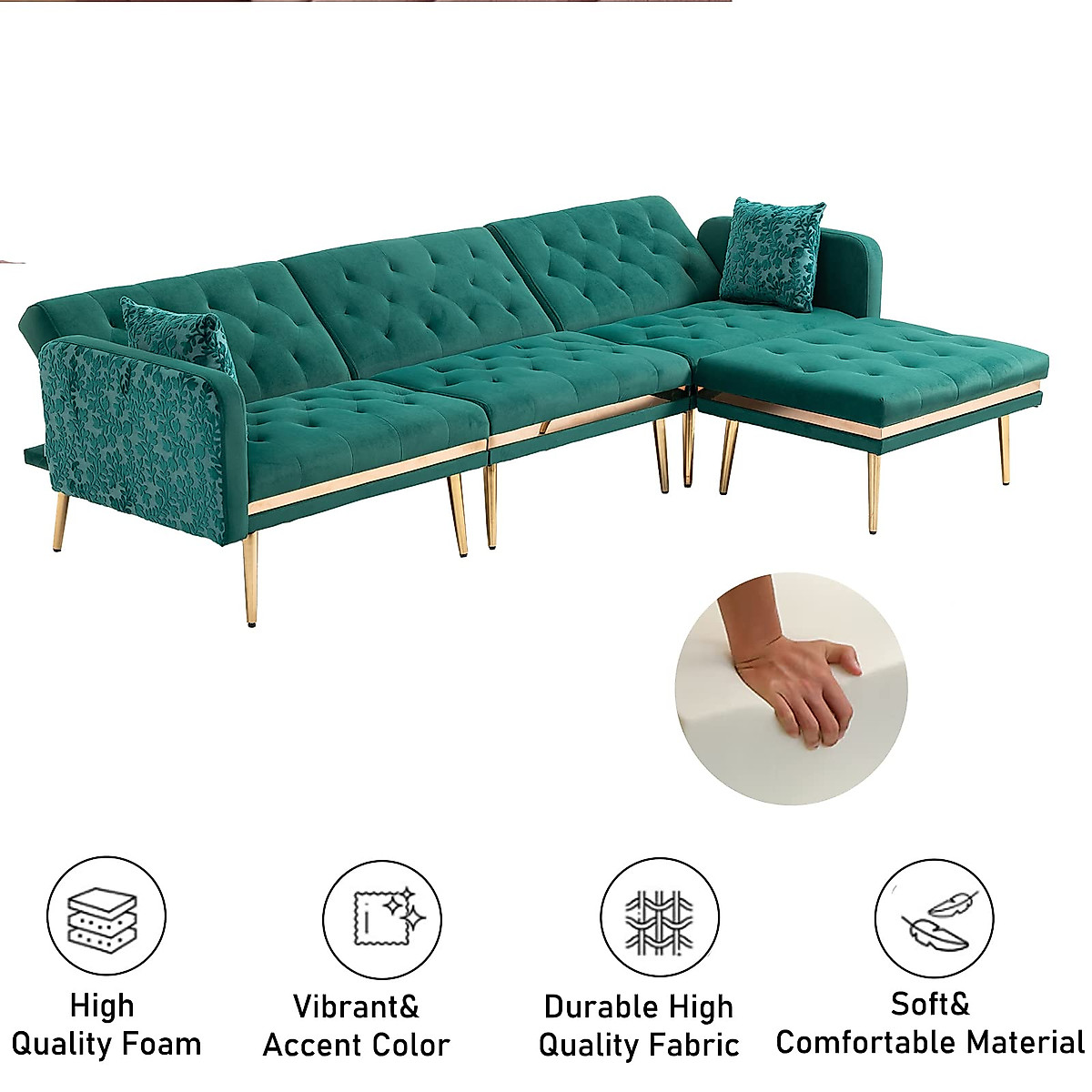 Pvillez Sectional Sofa Futon Sofa Bed Convertible Sleeper Sofa Couch w/Chaise Lounge,Ottoman L-Shape Convertible Couches for Living Room Button Tufted Back Velvet Couch w/Golden Legs