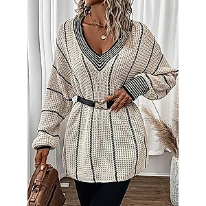 Dokotoo Womens Oversized Long Sleeve Sweaters Winter Trendy V Neck Striped Sweater Fashion Long White Sweaters for Women X-Large