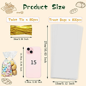 QOIUSO 100pcs Cellophane Treat Bags: 5 x11 Inch Clear Cellophane Bags for Candy Snacks Cookies Holiday Gift Wrapping - Plastic Goodie Bags with 110 Twist Ties for Christmas New Year Party Favors