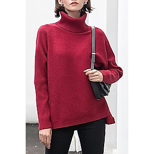 LANYO LILI Women Turtleneck Long Batwing Sleeve Spilt Hem Casual Oversized Pullover Sweater Knit Tops Burgundy