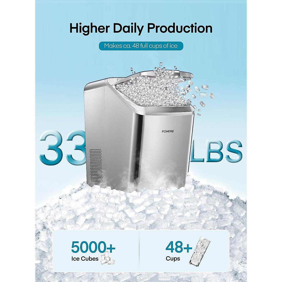 Nugget Ice Maker Countertop, Makes 33lbs Crunchy ice in 24H, 5.3lbs Basket at a time, Self-Cleaning Pebble Ice Machine with Scoop and Basket, Portable Ice Maker for Home/Kitchen/Office/Bar, FOHERE