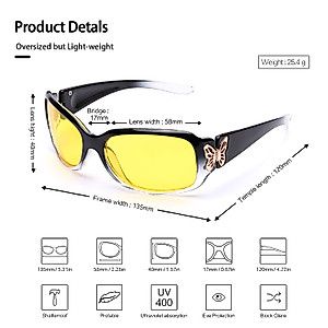 LVIOE Polarized Night Vision Glasses for Women, Yellow Tinted Glasses with Butterfly Decoration for Night Driving