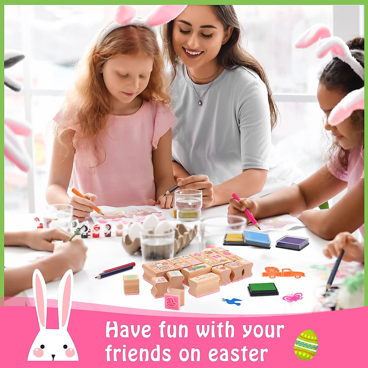 Yexiya 48 Pieces Valentine Stamps Wooden Rubber Stamps with Ink Pad Colored Pencil Ink Pad Coloring Pencil Art Supplies Set for DIY Party Favor Gift(Bunny Style)