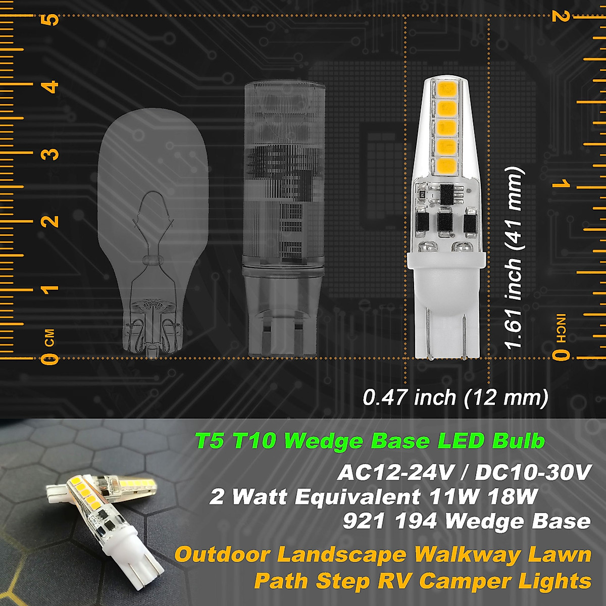 Hylroe T10 Wedge Base Landscape 194 921 LED Light Bulb 2700K Warm White 3W Equivalent 15W 20W Low Voltage AC/DC12V-24V T5 LED Bulb for Landsacpe Garden Deck RV Camper Marine Boat Dome Lighting, 8 Pack