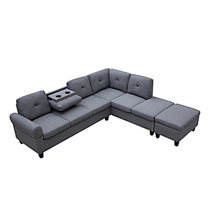 DHHU Sectional Sofa, L-Shaped Couch with 2 Cup Holder, Modular Sofá with Extra Wide Chaise Lounge, Living Room Furniture Sets with Storage Ottoman for Home Office, Apartment
