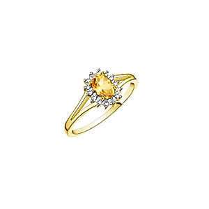Rylos Rings for Women 14K Gold Plated Silver Halo of Diamond Birthstone Ring 6X4MM Gemstone November Citrine Jewelry for Women Size 7