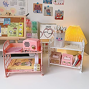 QUMENEY Desktop Rack Cosmetic Stationery Storage Holder, 2-Tier Multifunctional Plastic Shelf Makeup Organizer for Skincare Office Kitchen Bedroom Bathroom Home (Pink)