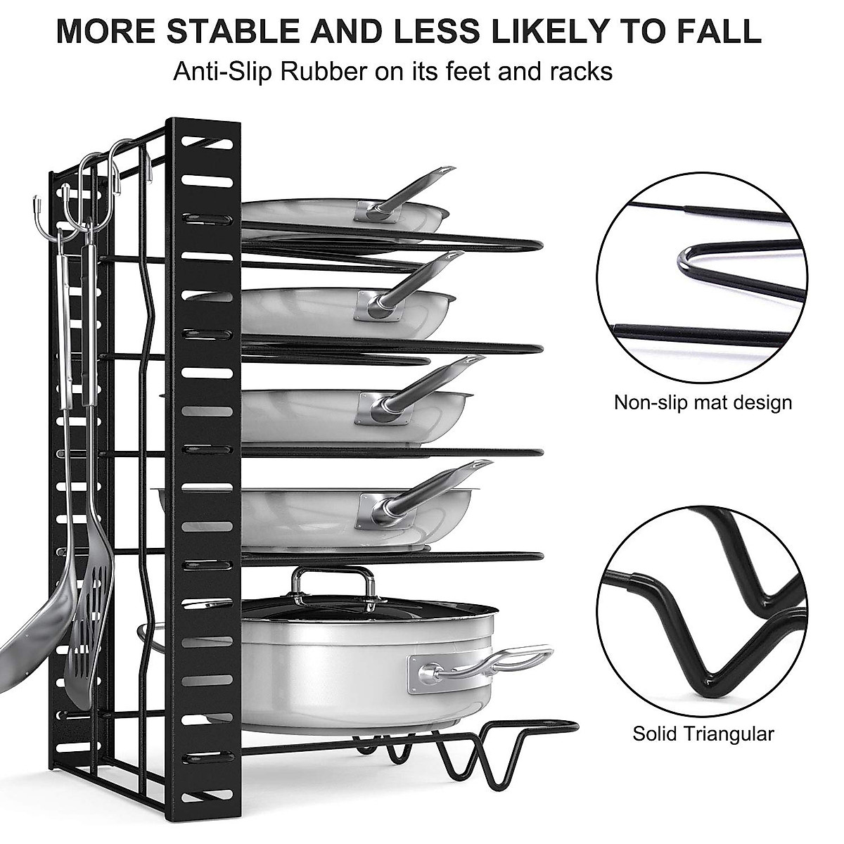 Devan Pots and Pans Organizer Adjustable 8+ Pots and Pans Oragnizer, Kitchen Counter and Cabinet Pot Lid Holder with 3 DIY Methods (6 Hooks Included)