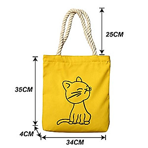 Zipper Canvas Tote Bag with Inner Pocket, Portable and Ecofriendly, Cat-yellow, 14.6" x 13.6" x 2?